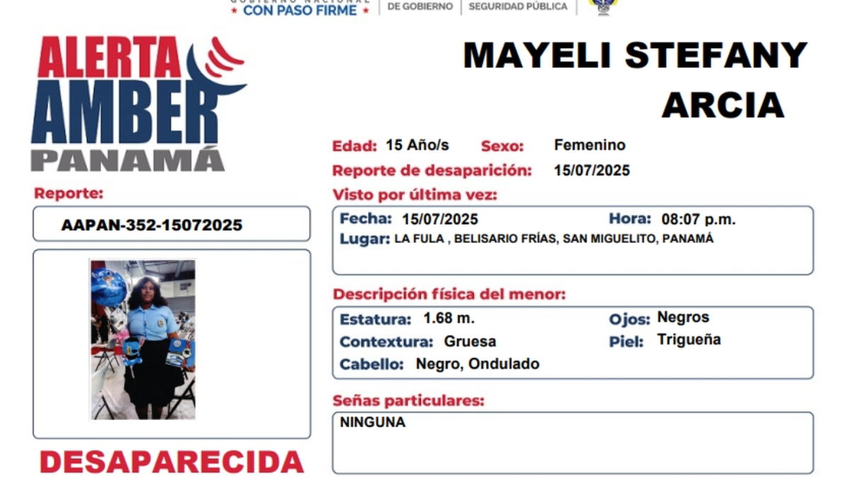 Activan Alerta Amber por desaparición de Mayeli Arcia en San Miguelito