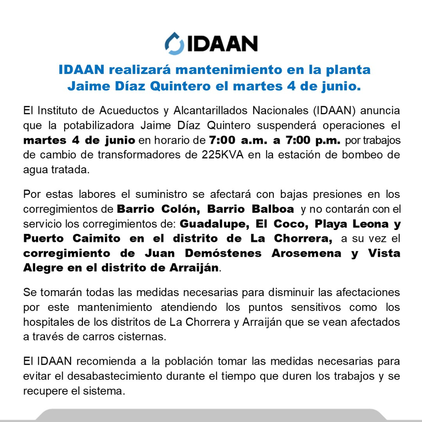 ¡HOY! IDAAN dejará sin agua a comunidades en Panamá Oeste por hasta 13 ...
