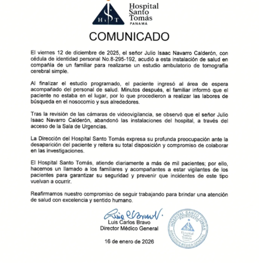 Hospital Santo Tomás emite comunicado tras desaparición de paciente