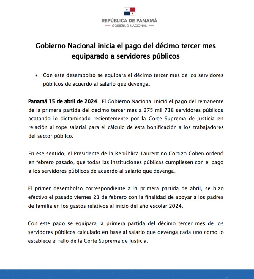 Gobierno Nacional anuncia el pago del Décimo Tercer Mes