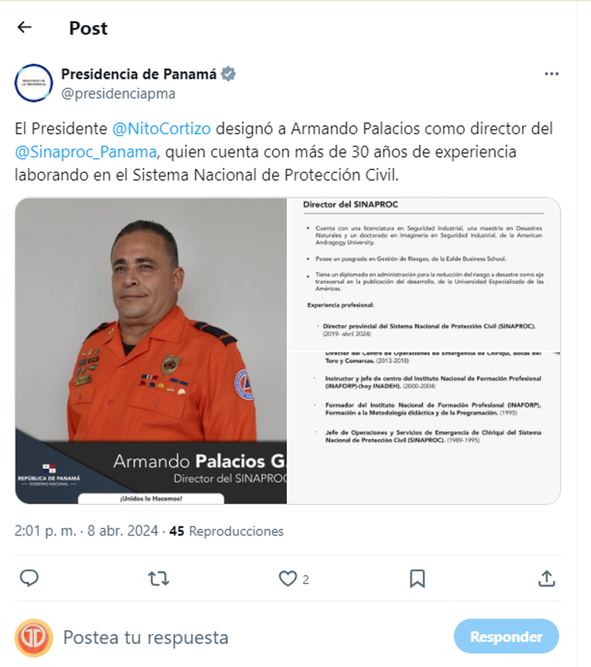 Presidente Cortizo designa a nuevo director de SINAPROC