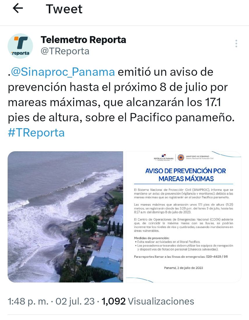 ¡Advertencia! SINAPROC emite aviso por mareas altas