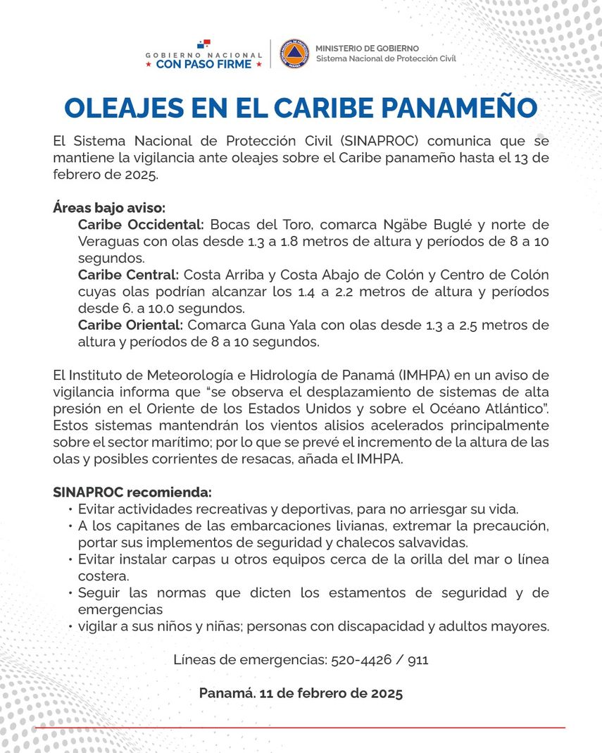 ¡Precaución! SINAPROC alerta por oleajes en el Caribe panameño