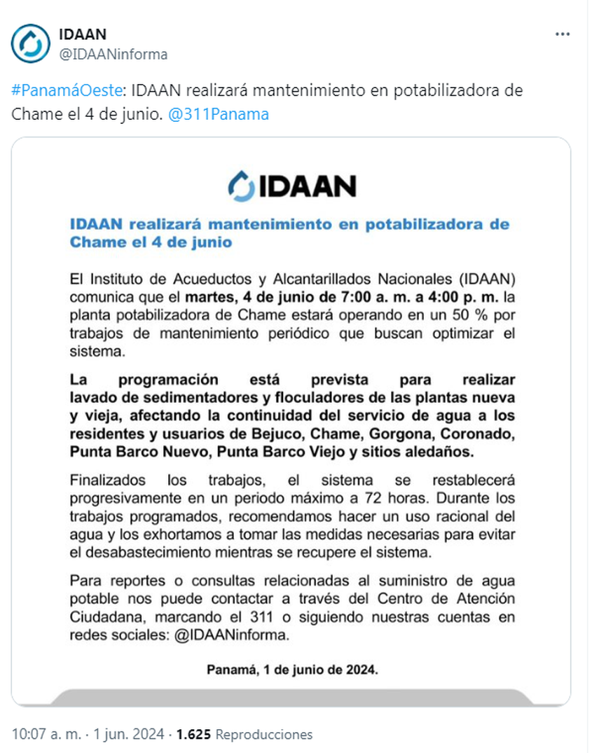 ¡HOY! IDAAN dejará sin agua a comunidades en Panamá Oeste por hasta 13 ...